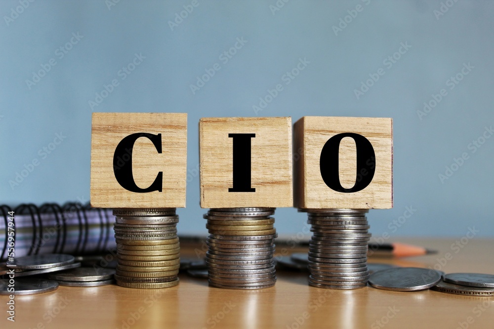 CIO concept, word CIO on wooden blocks and stacks of coins, white ...