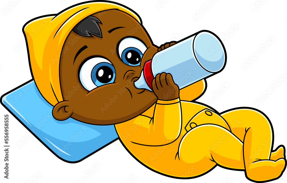 African American Baby Boy Cartoon Character Drink Milk From Bottle ...