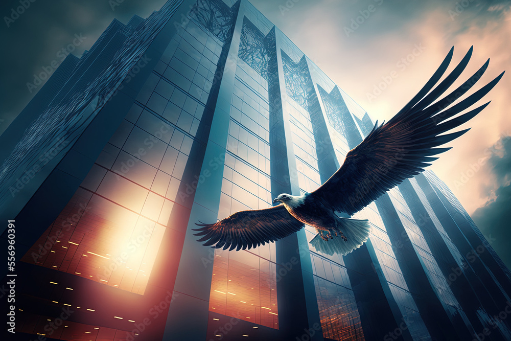 Modern glass office building in bottom perspective, with an eagle ...