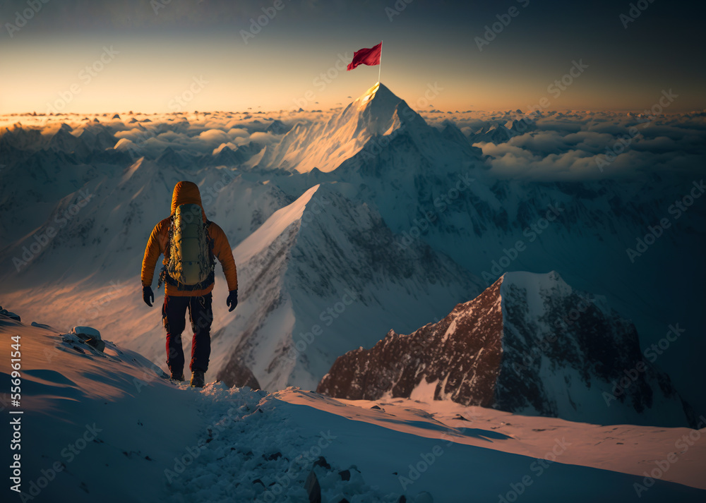 Setting goals in life concept, Mountain climber heading towards flag on ...