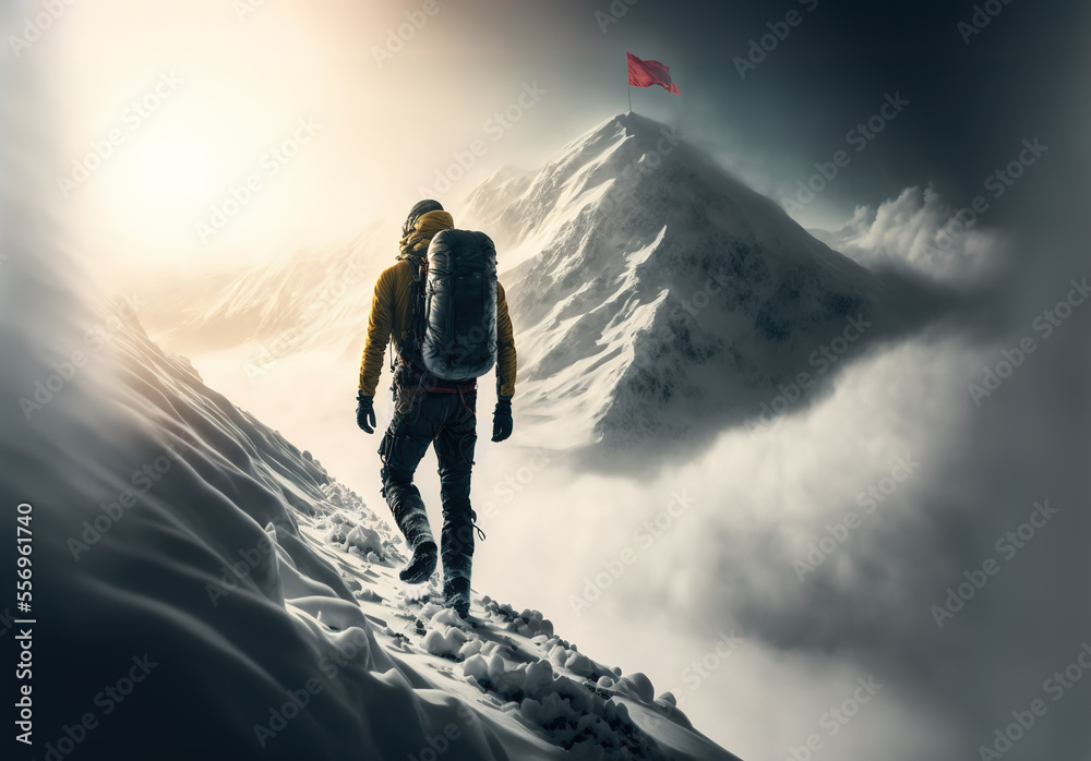 Setting goals in life concept, Mountain climber heading towards flag on ...