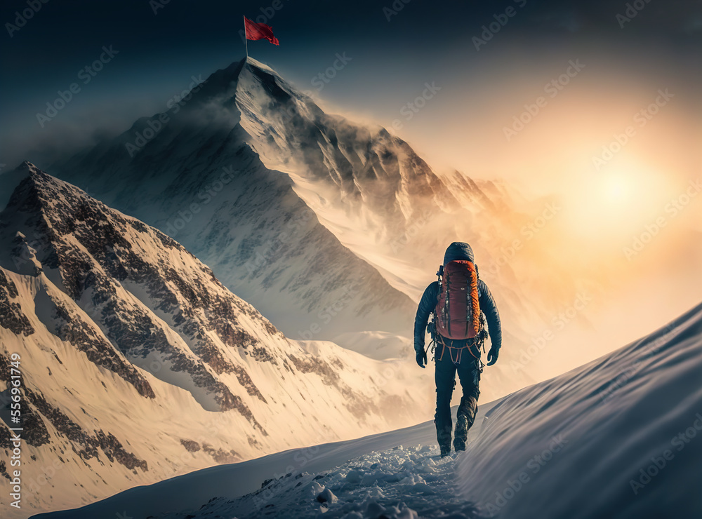 Setting up goals and reaching them concept, with mountain climber going ...