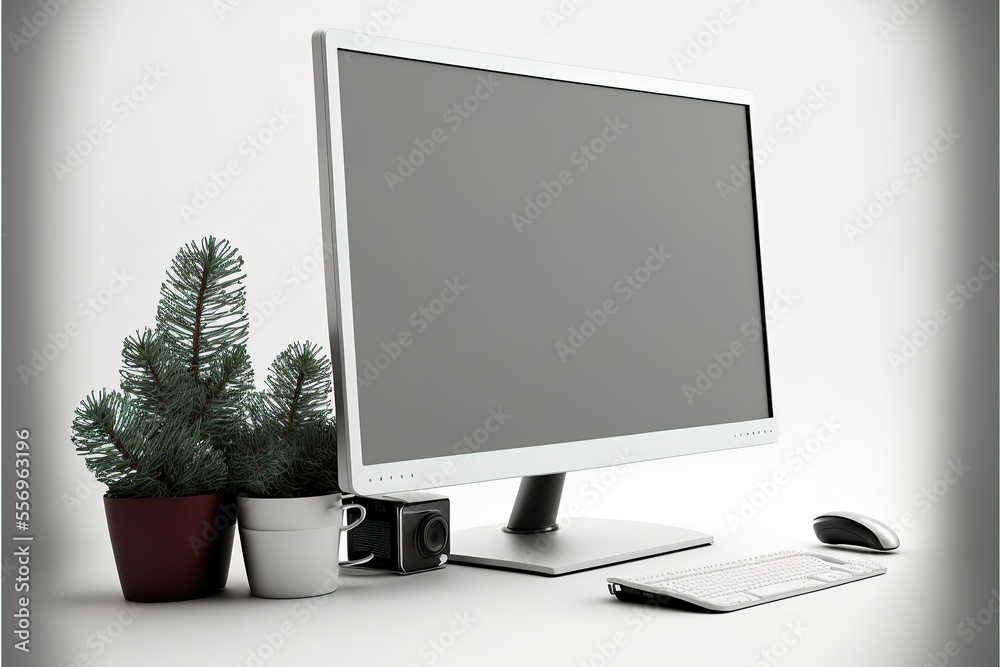 Computer all in one on table with isolated white screen for mockup in ...