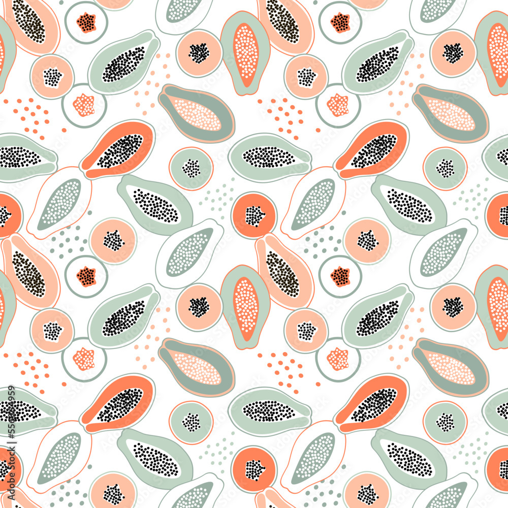 Vector papaya seamless pattern. Fruity citrus pattern on a white ...