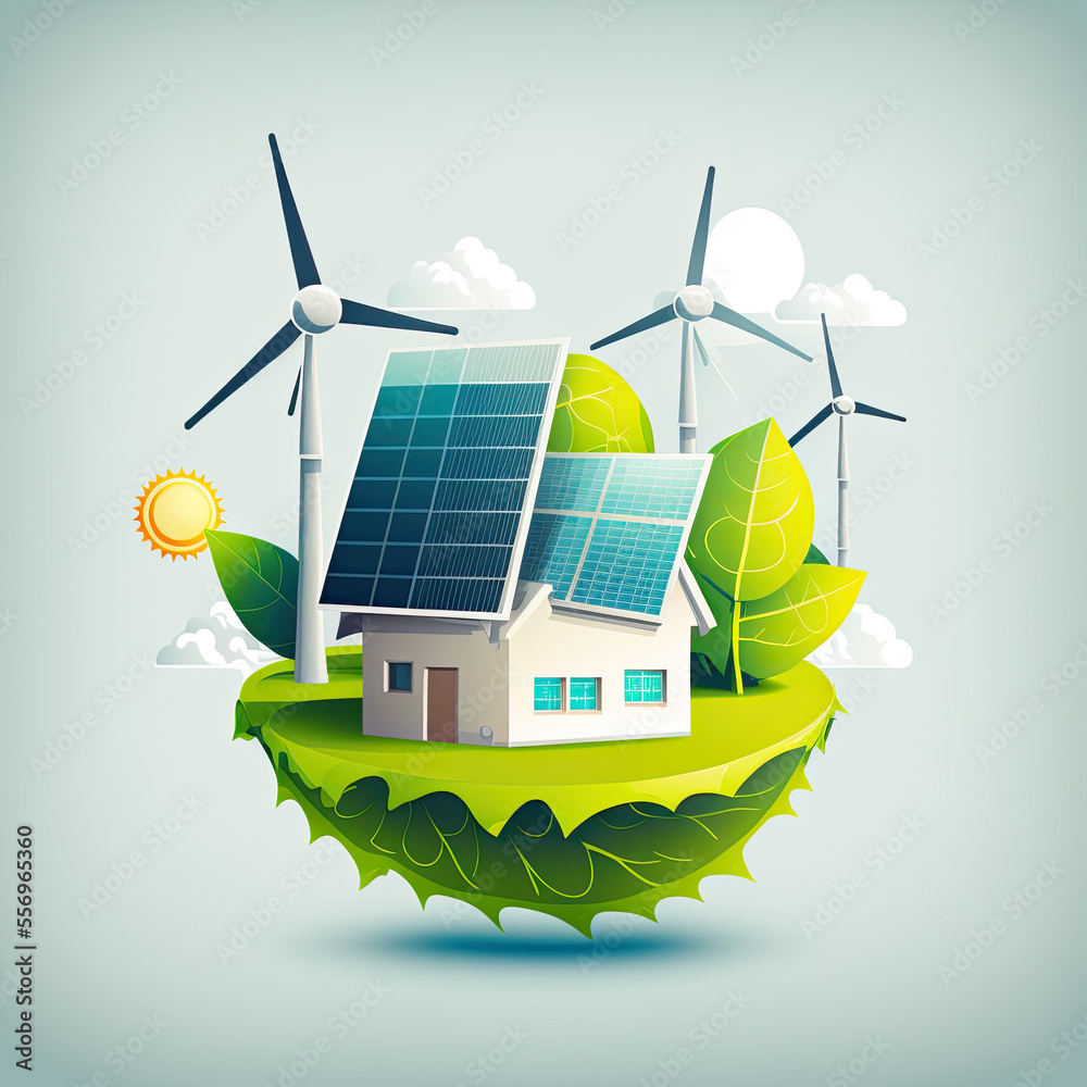 Renewable Energy Background With Wind Turbines And Solar Panels With
