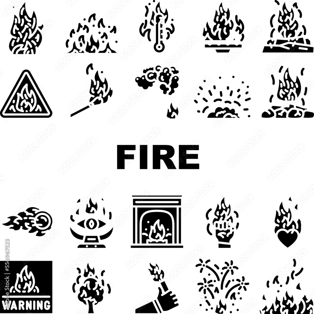 flame hot fire burn bonfire heat icons set vector. red danger, light ...