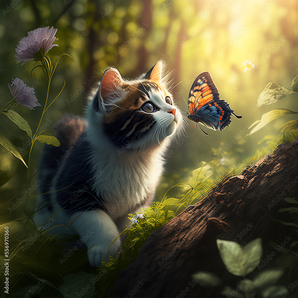 Little cute cat playing with butterfly, created with Generative AI ...
