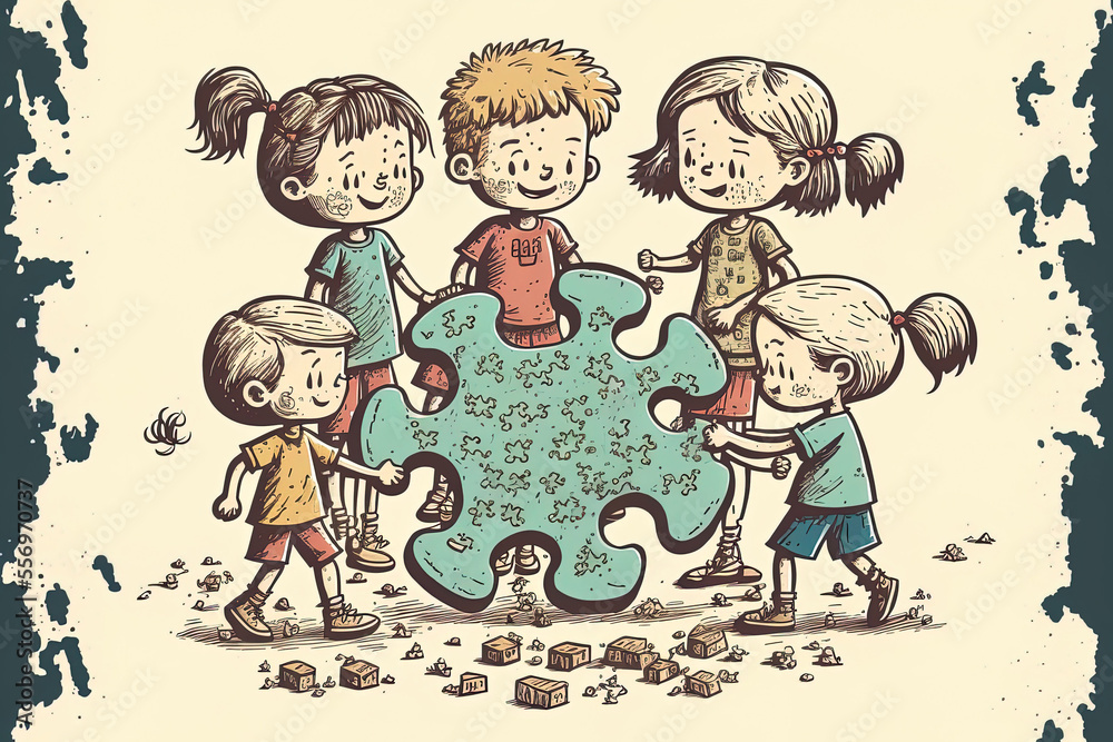 Drawing of young kids working together on a problem. A beautiful little ...