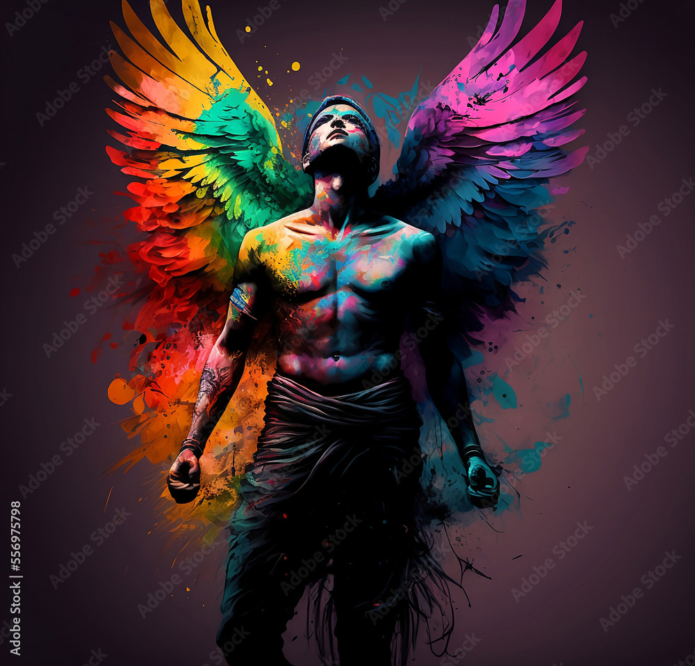 Male angel with rainbow coloured wings looking up to the divine spirit ...