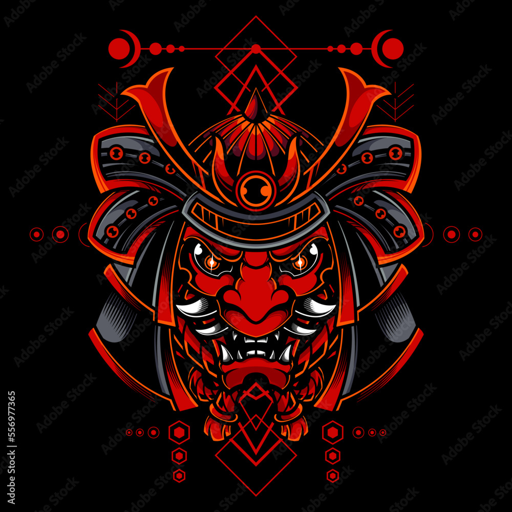 JAPANESE SAMURAI ONI MASK SKULL RONIN WITH SACRED GEOMETRY LOGO ...