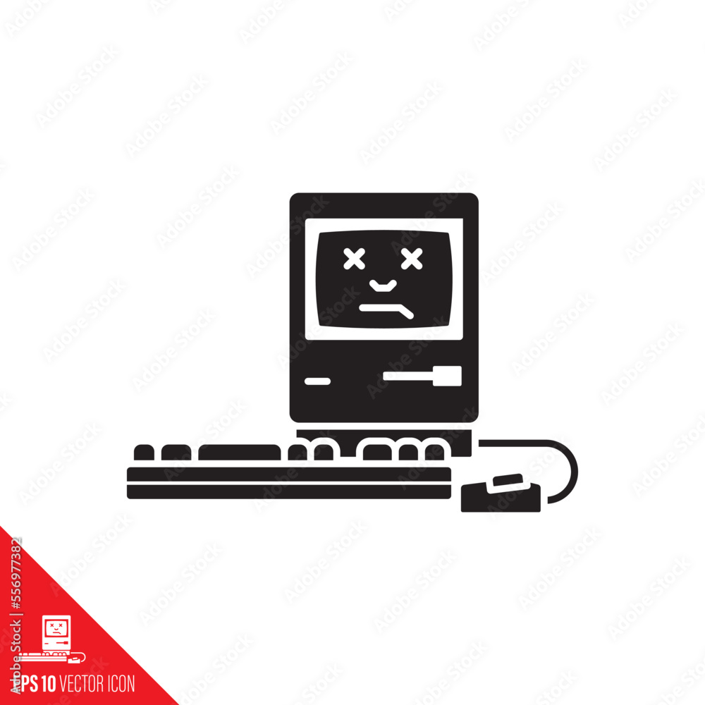 Vintage personal computer not working, dead face on screen, vector ...