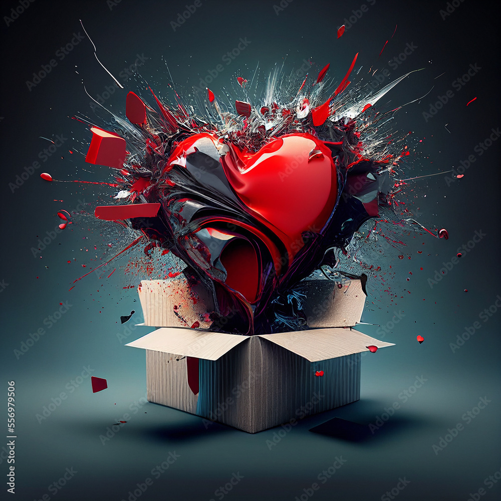 Generative AI explosion of red heart over carton box Stock Illustration ...