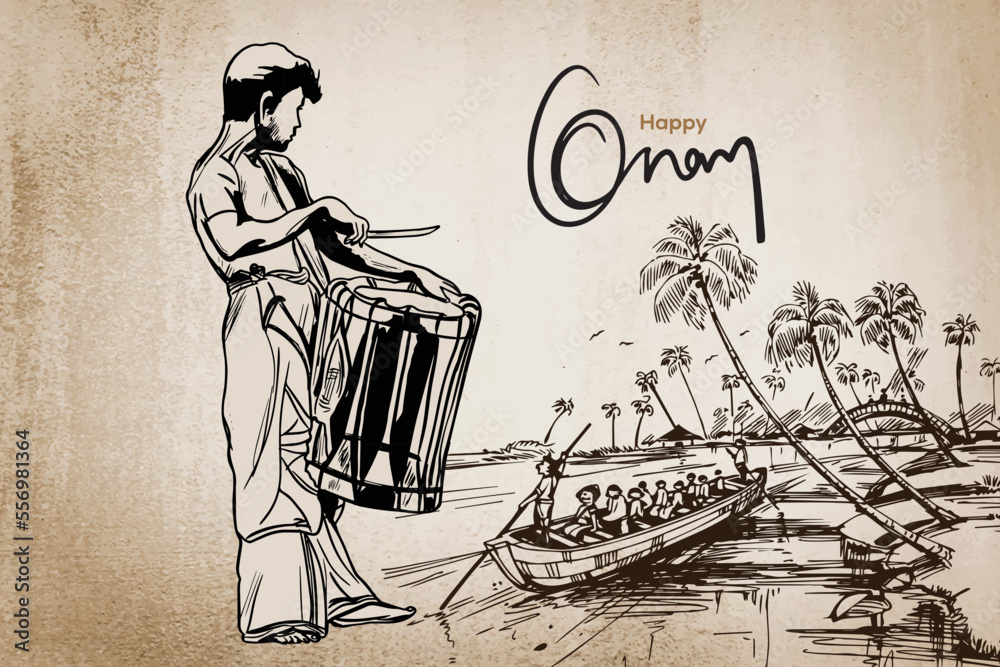 Vetor de Kerala onam special vector illsutration with chenda melam hand ...