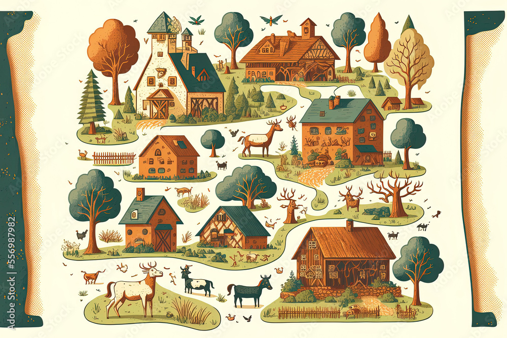 adorable village map with residences and animals. Hand drawn farm ...