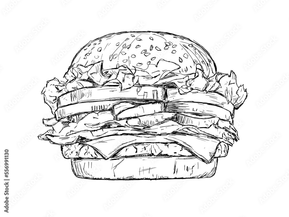 Sketch of a complete hamburger with lettuce, tomato, bacon and cheese ...