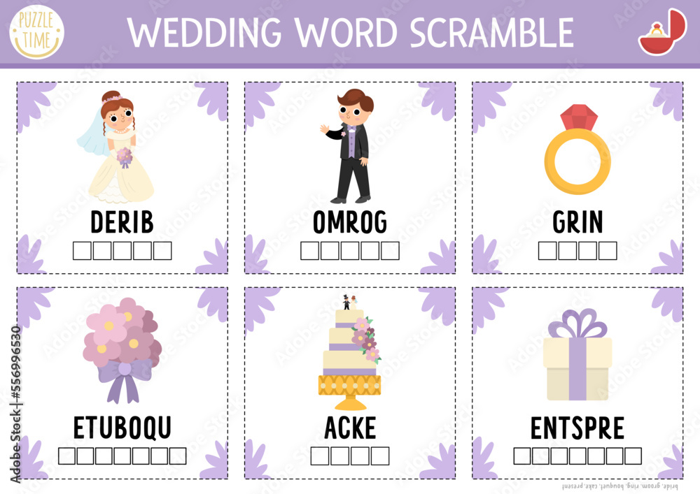 Vector Wedding Word Scramble Activity Cards English Language Game With Vector Wedding Word Scramble Activity Cards English Language Game With