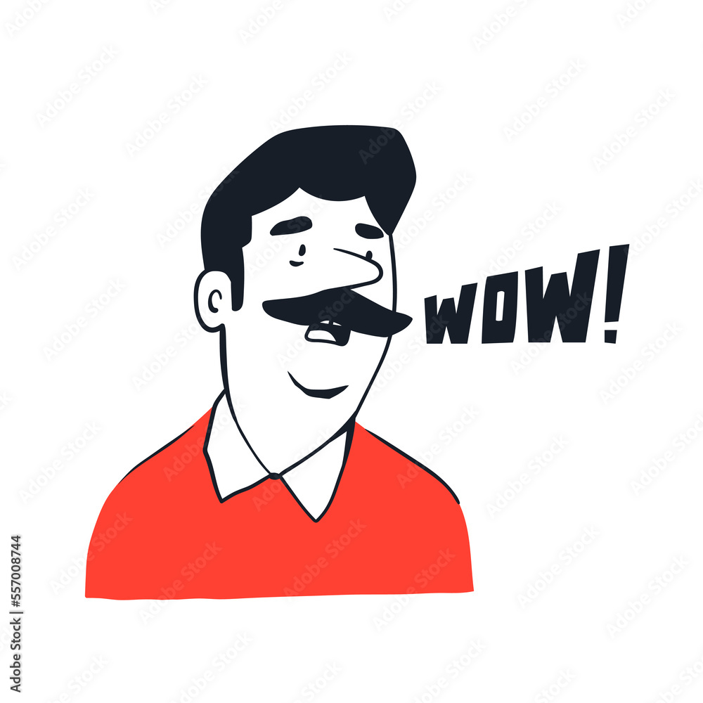 Confused Man with moustache. Affected person. Wow text. Facial ...