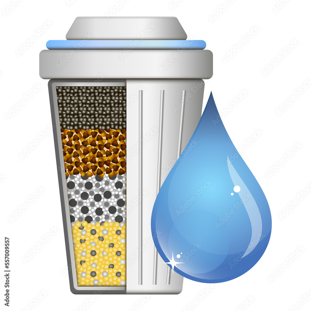 Sectional view of a water filter bowl. Filtered and purified water drop ...