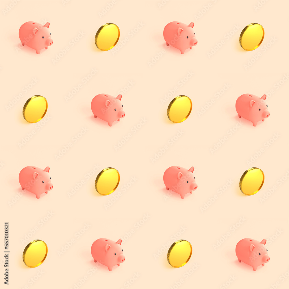 3D rendering of pinky ping bank for saving concept and golden coins in ...