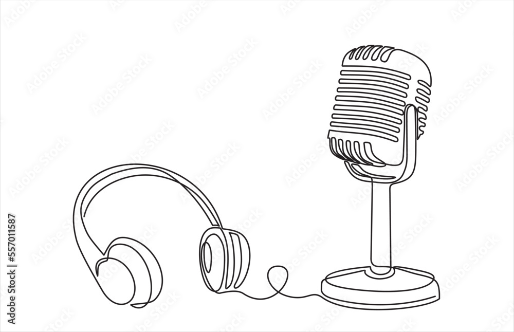 Continuous one single line drawing Retro microphone and headphone ...