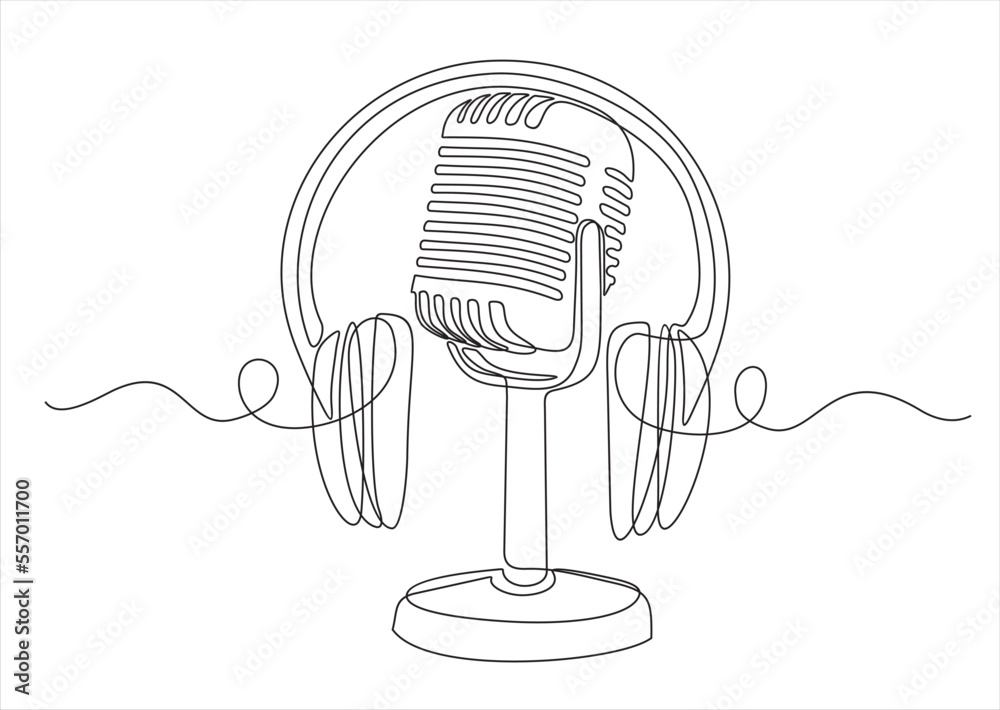 Continuous one single line drawing Retro microphone and headphone ...