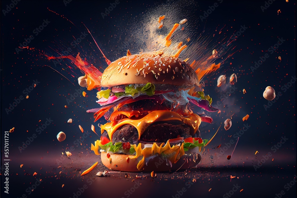 Hamburger, burger exploding photoshoot, macro photography food, food ...