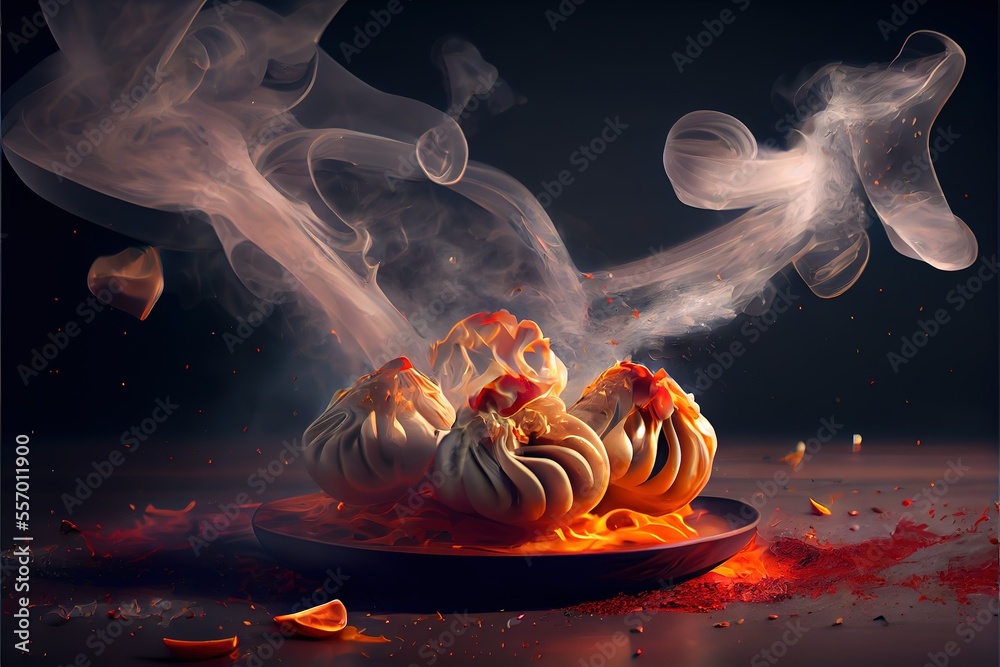 Hot momos with cheese splashing, cheesy, spicy, hot flaming, smoked ...