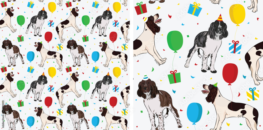 Happy Birthday Pattern with Springer Spaniel dog in a party hat ...