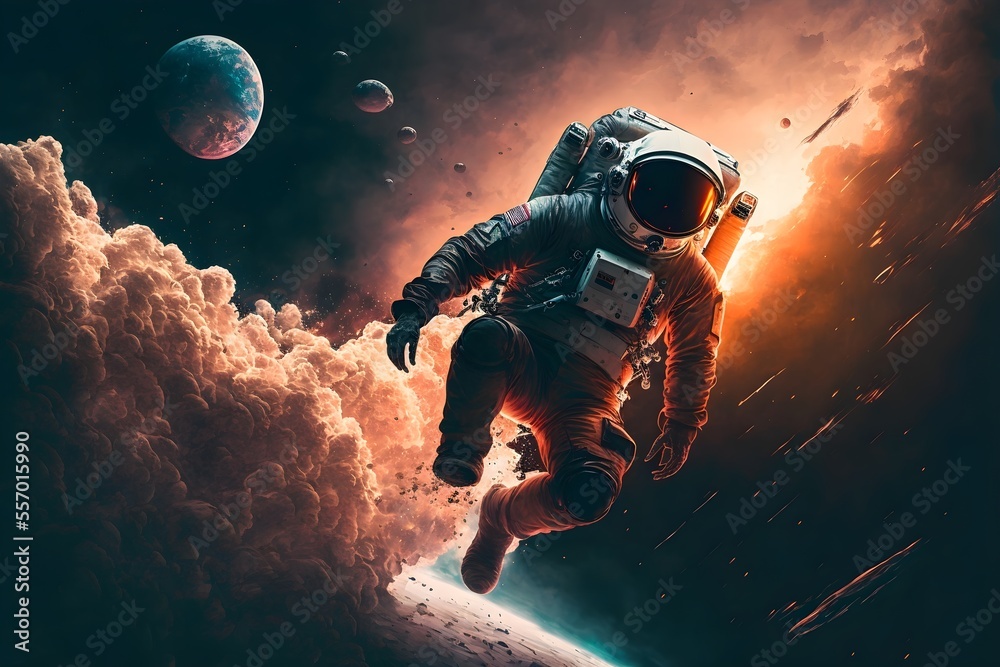 astronaut floating in space while earth explodes in that background ...
