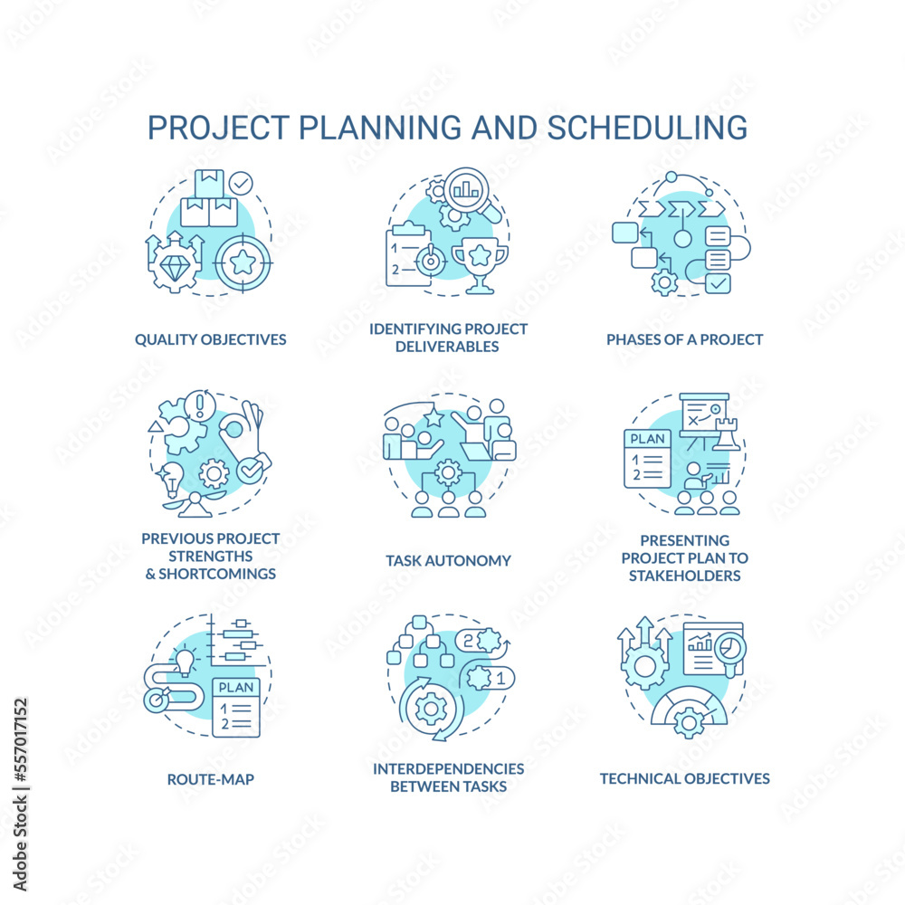 Project planning and scheduling turquoise concept icons set. Business ...