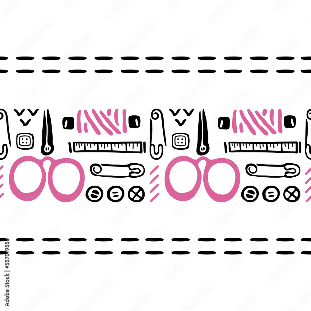 Seamless border. Sewing kit. Scissor, stitches, buttons and bobbins ...