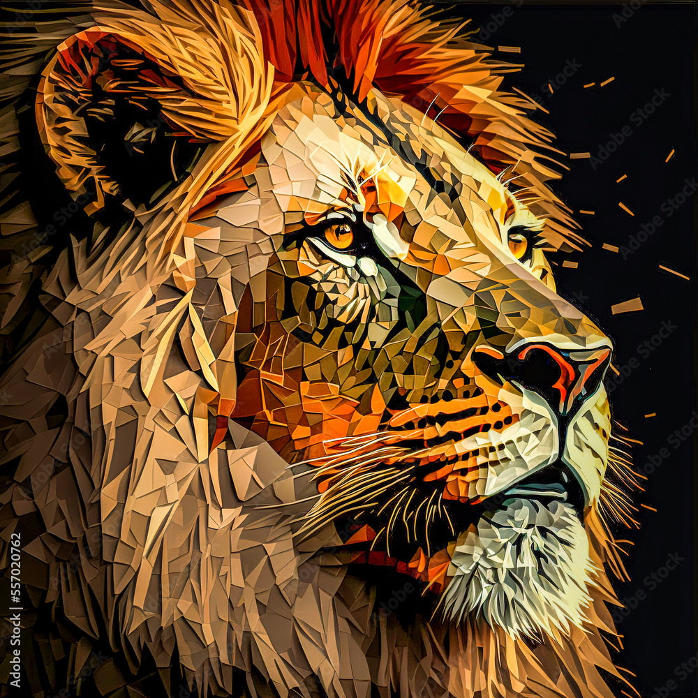 Drawn head of a lion in triangles and rhynia, looking out for prey ...