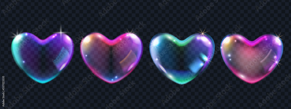 3D heart bubble overlay glossy vector illustration set, magic Valentine ...