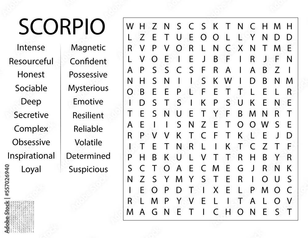 Fun Birthday Word Search Puzzle Game - Zodiac Sign Scorpio Traits and Characteristics Stock ...