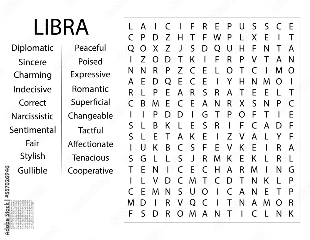 Fun Birtdhay Word Search Puzzle Game - Zodiac Sign Libra Traits and Characteristics Stock Vector ...