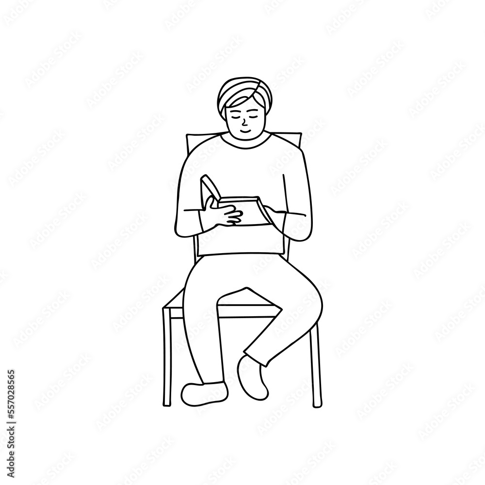 Man sitting on chair and reading book front view doodle illustration in ...