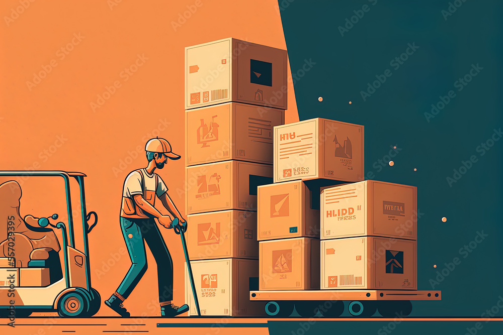 Concept of warehouse worker in uniform stacking cardboard boxes with a ...