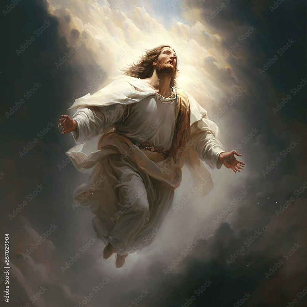 Jesus Christ is rising to the clouds and going towards heaven. Created ...
