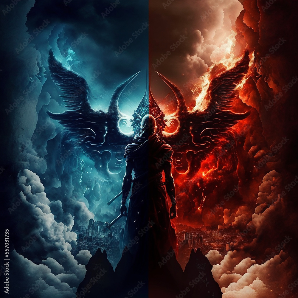 Hell and heaven. One side is hell and the other side is heaven. Created ...