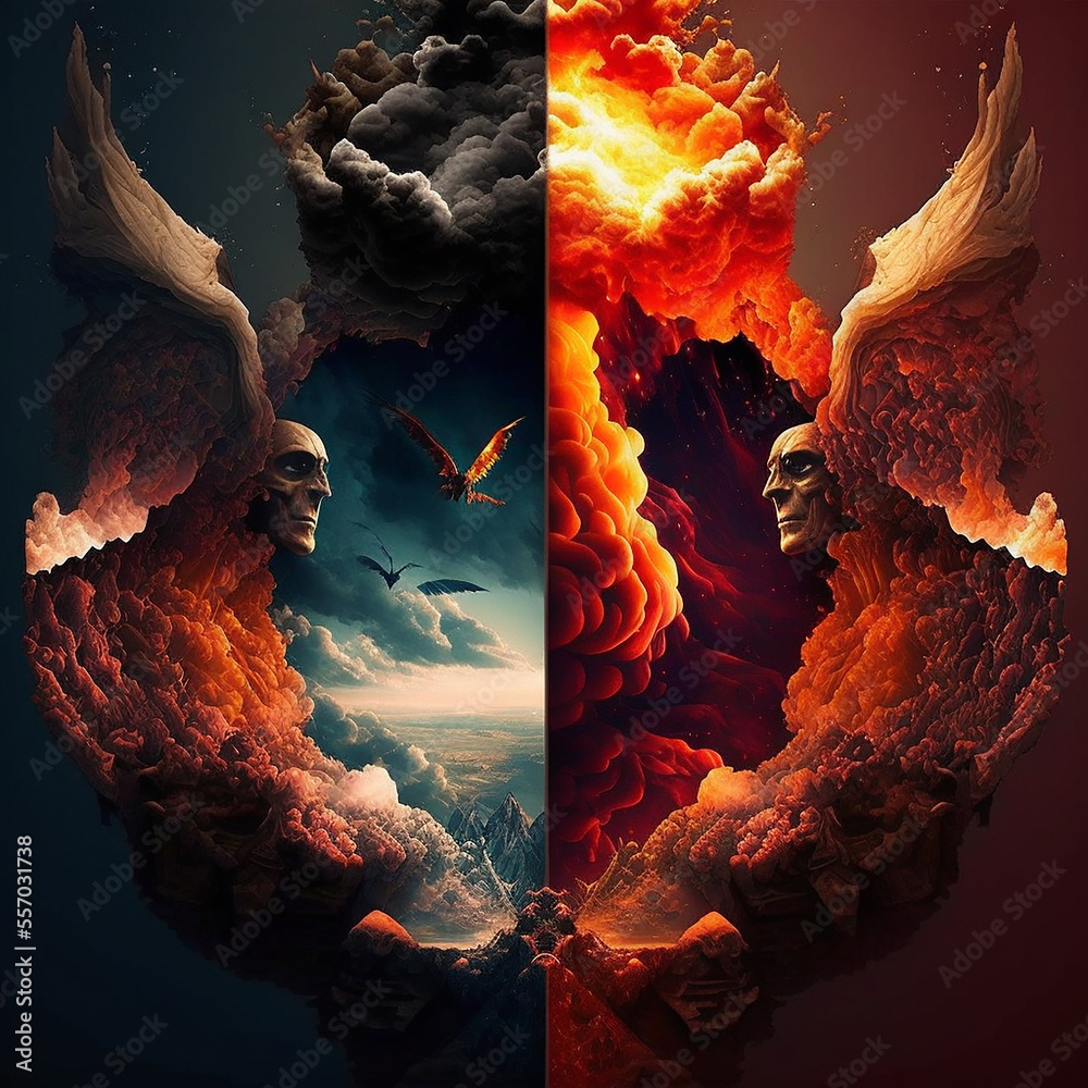 Hell and heaven. One side is hell and the other side is heaven. Created ...