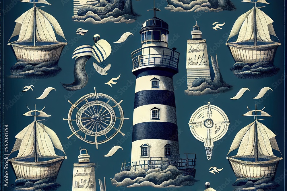 Sea-themed pattern anchor helm lighthouse. AI generated art ...