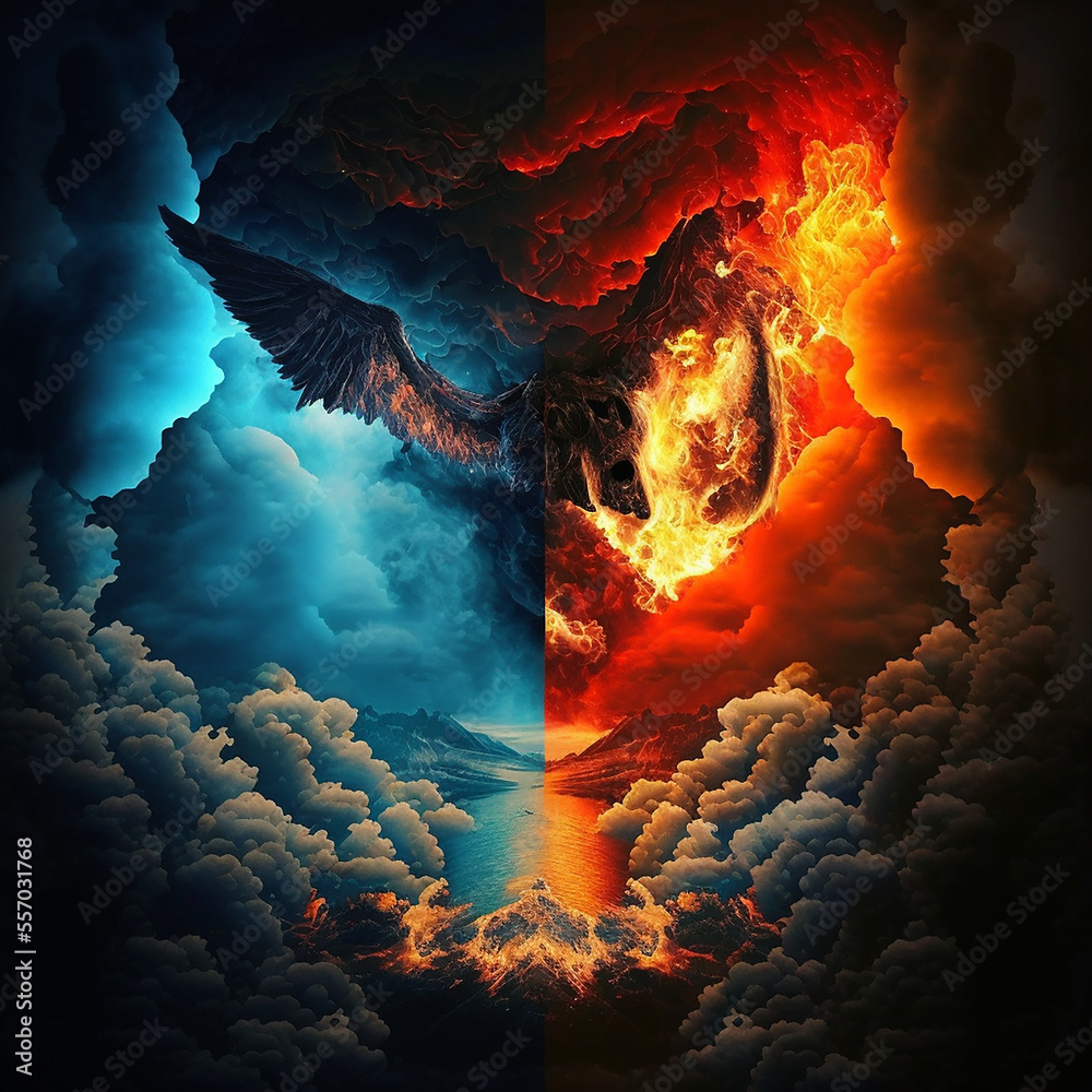 Hell and heaven. One side is hell and the other side is heaven. Created ...