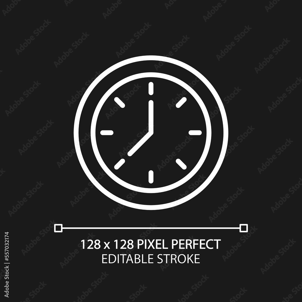 Clock face pixel perfect white linear icon for dark theme. Displaying ...