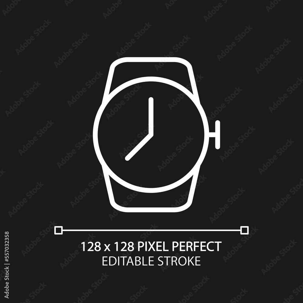 Wrist watch pixel perfect white linear icon for dark theme. Modern ...
