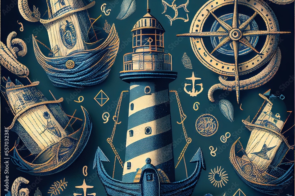 Sea-themed pattern anchor helm lighthouse. AI generated art ...