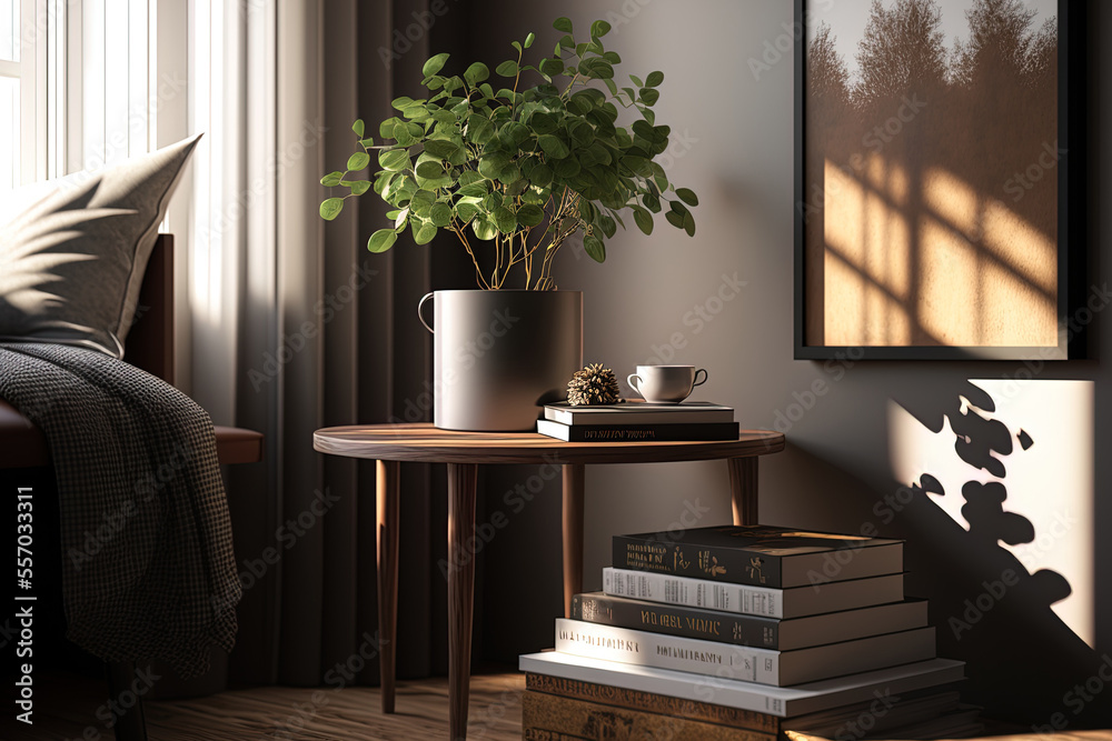 A mock up of a wooden side table in a brownish gray living room with ...
