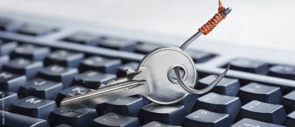 phishing, hacking personal data and money , key and hook on computer ...