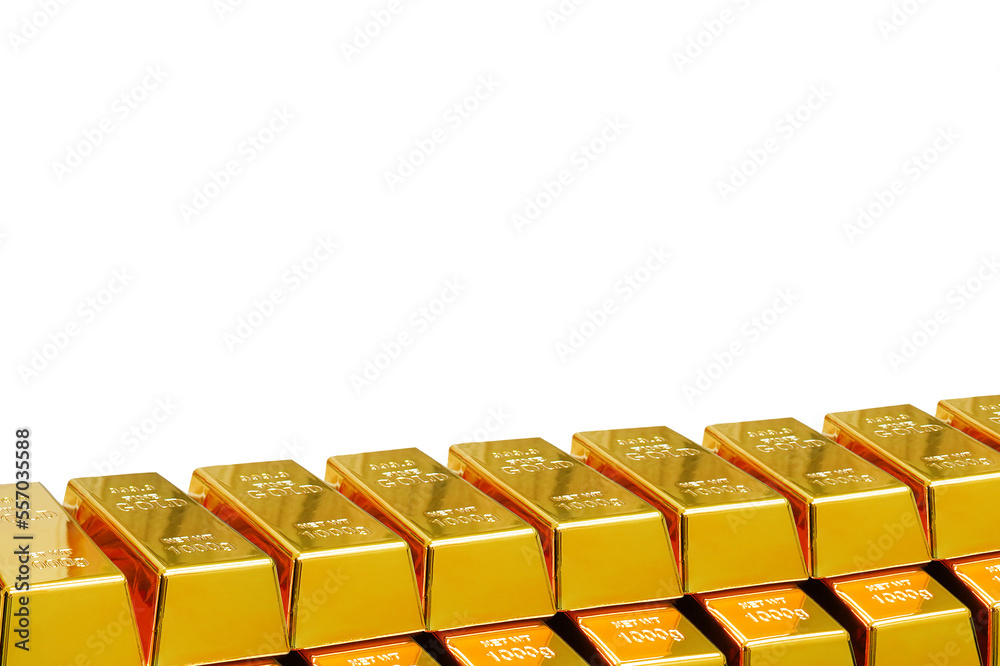 Row of shining golden bullions isolated on white background. Gold bars isolated on white ...