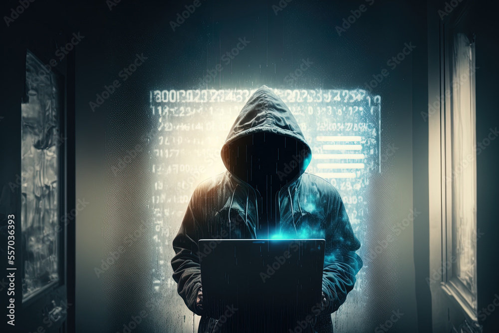 Cybersecurity and hacking concept with hooded theft employing a laptop and a white lit loading ...