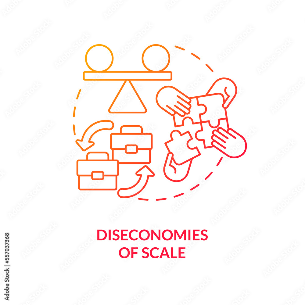 Diseconomies of scale red gradient concept icon. Disadvantage of merger ...